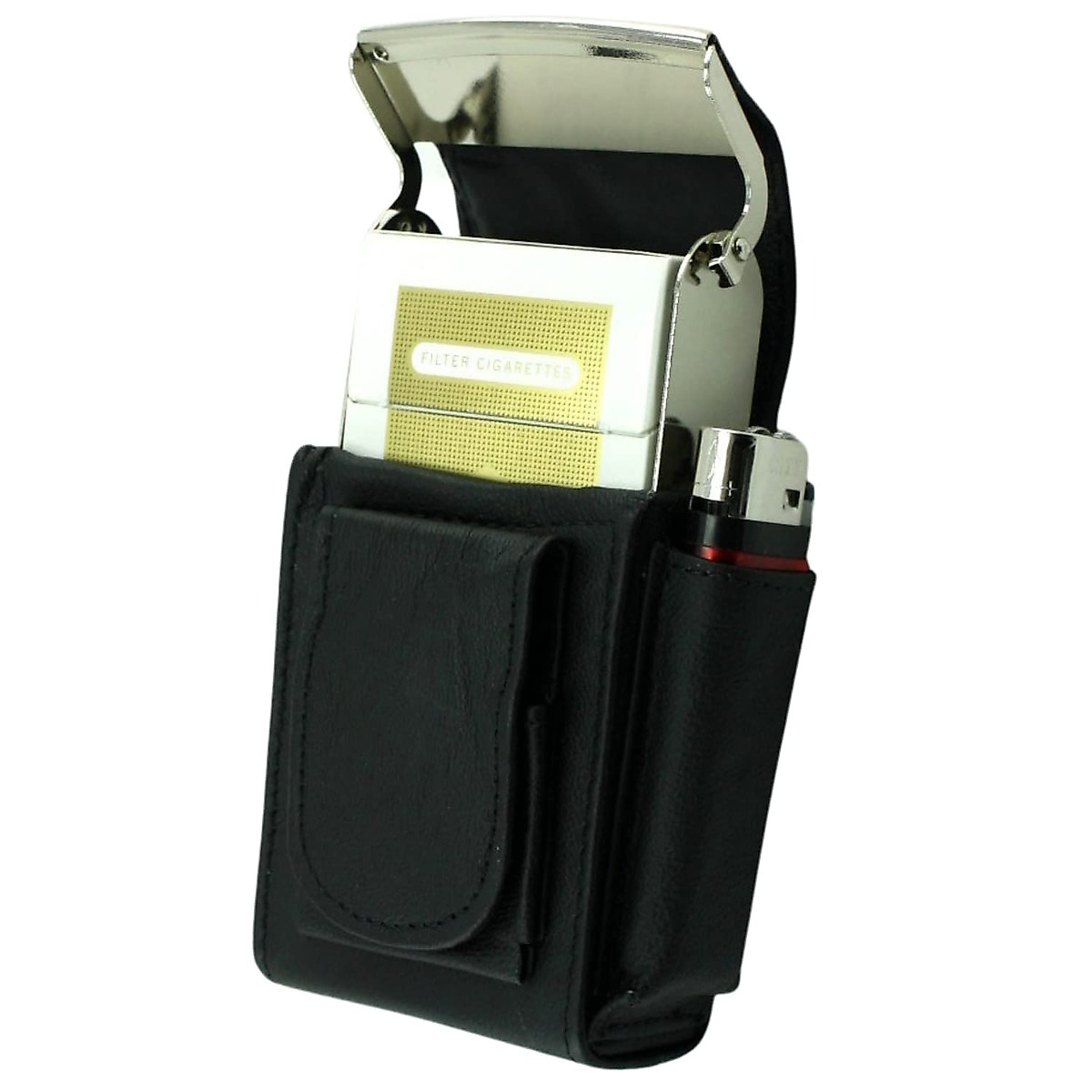 Skyway Rockford Leather Cigarette Case 100's Cigarette Holder Case Pack Box with Flip Top and Lighter Pouch - Black