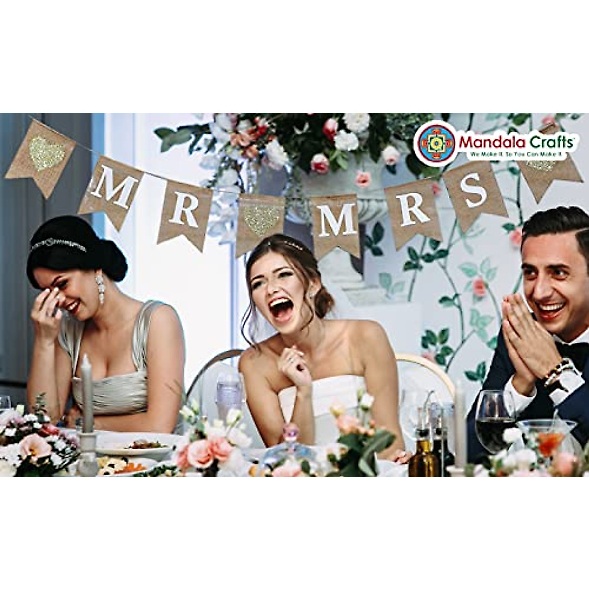 Just Married Banner Flag – Mr and Mrs Banner Rustic Burlap Sign Decoration for Wedding Party Table Photobooth Props Home Wall by Mandala Crafts