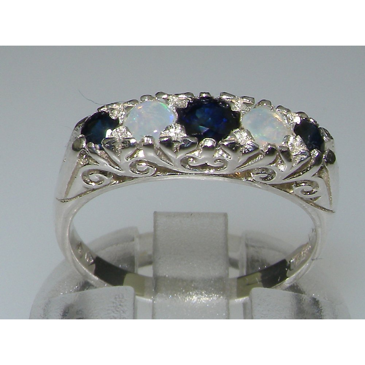 925 Sterling Silver Natural Sapphire and Opal Womens Anniversary Ring - Size 7.25
