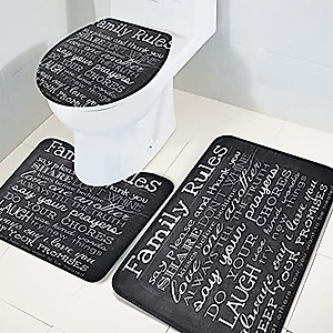 Apular Fashion 3 Piece Bath Rugs Set Family Rules Black White Non Slip Ultra Soft Bathroom Accessories Mats, U Shape Mat and Toilet Lid Cover Mat Bath Mats