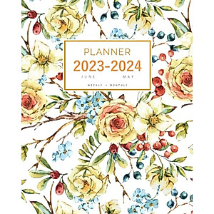 Planner 2023-2024: 8x10 Weekly and Monthly Organizer Large from June 2023 to May 2024 | Vintage Rose Wildflower Berry Design White