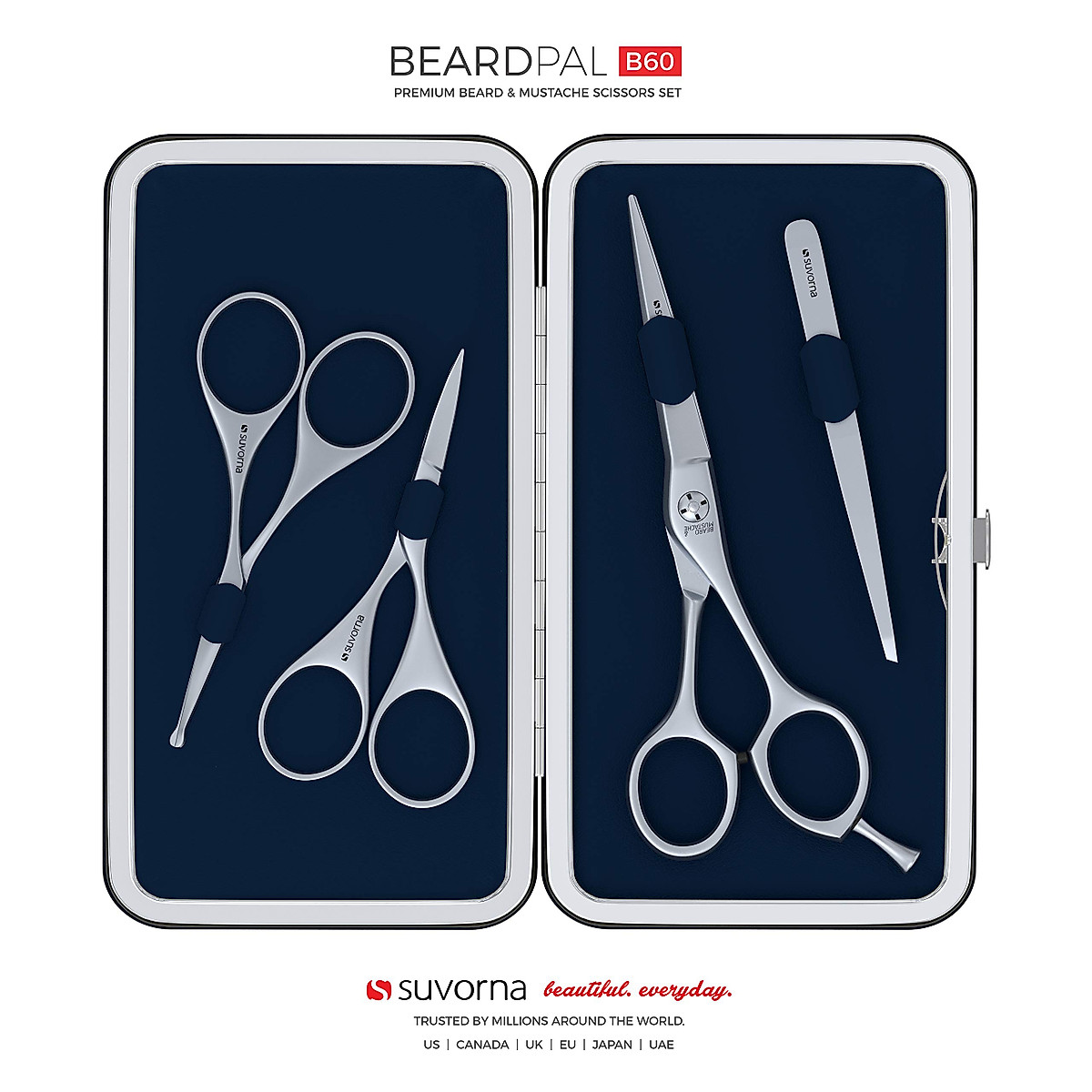 Suvorna Beard & Mustache trimming kit with Beard Scissors, Mustache Scissors, Facial Hair Scissors, Grooming Scissors, Ear Scissors, Nose Scissors, Eyebrow Scissors, and Tweezer Men. (4 Pcs Blue)