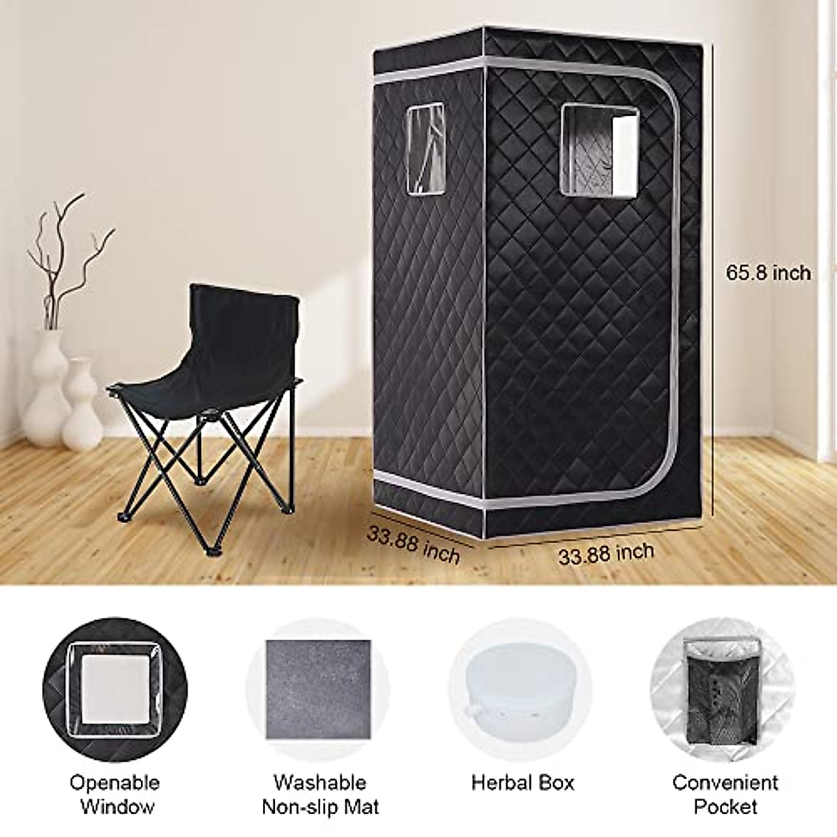 Smartmak Full Body Home Steam Sauna Set, 4L Large Steam Pot One Person Portable Sauna Spa with Time & Temperature Remote Control, Upgraded Chair for Detox Therapy(Grey Border, 33.9" L*33.9" W*65.8" H)