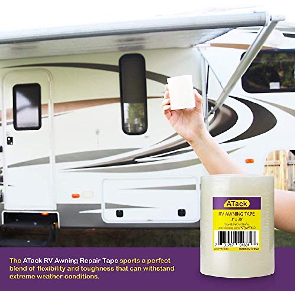 ATack RV Awning Repair Tape, 3" x 30 Foot, Waterproof Rip Stop Patch and Tent Repair Tape for Vinyl, RV punctures, Camper, Awning, Canopy, Tents, Tarpaulin and Greenhouse