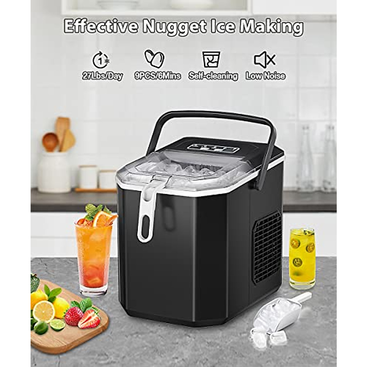 COWSAR Ice Makers Countertop, Portable Ice Maker Machine 6 Mins/9 Pcs Bullet 26.5lbs/24Hrs with Self-Cleaning, Ice Scoop and Basket, Ice Maker for Party/Kitchen/Home/Office