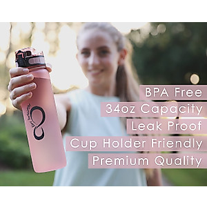 Live Infinitely 34 oz Gym Water Bottle with Time Marker - Fruit Infuser Screen BPA Free 1 Liter Water Bottle - Locking Flip Top Lid & Durable Travel Bottle Coating (Rose 34oz)