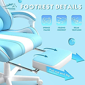 Ferghana Light Blue Gaming Chair with Bunny Ear, Cute Massage Gaming Chairs for Adults & Teens, Office PC Gamer Chair with Footrest, Kawaii Computer Game Chair for Girls, Racing Reclining Silla Gamer