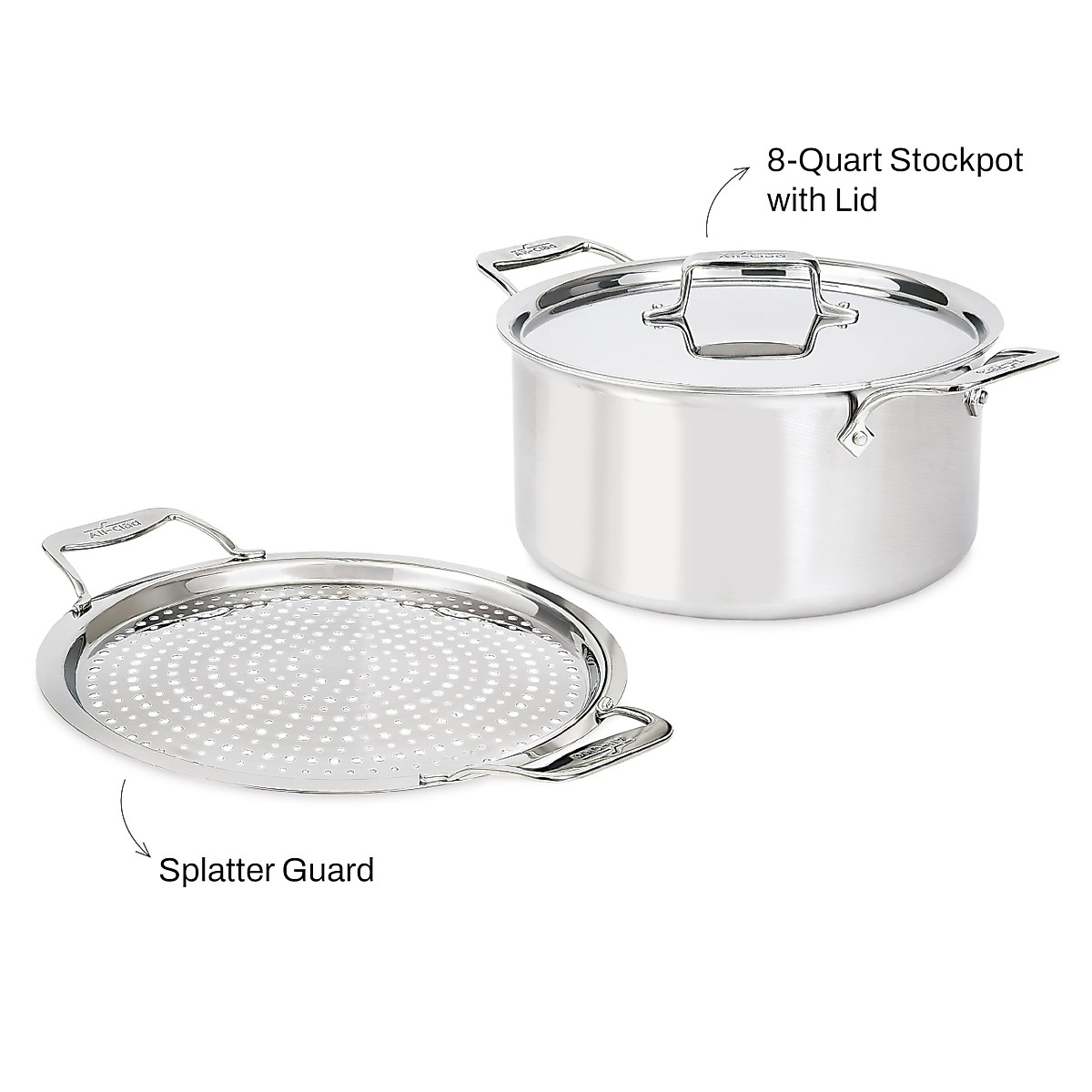 All-Clad D5 5-Ply Brushed Stainless Steel Stockpot with lid and Strain & Splatter Guard, 8-Quart, Induction, Oven & broiler safe up to 600°F, Cookware, Pots and Pans, Kitchen Essential, Silver