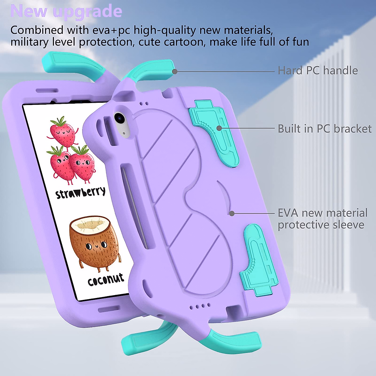 ESSTORE Kids Case Compatible with iPad 10th Generation (2022) 10.9 Inch Kids Case, Shockproof Case with Shoulder Strap/Handle/Stand Cute Cover, Lightpurple/MintGreen