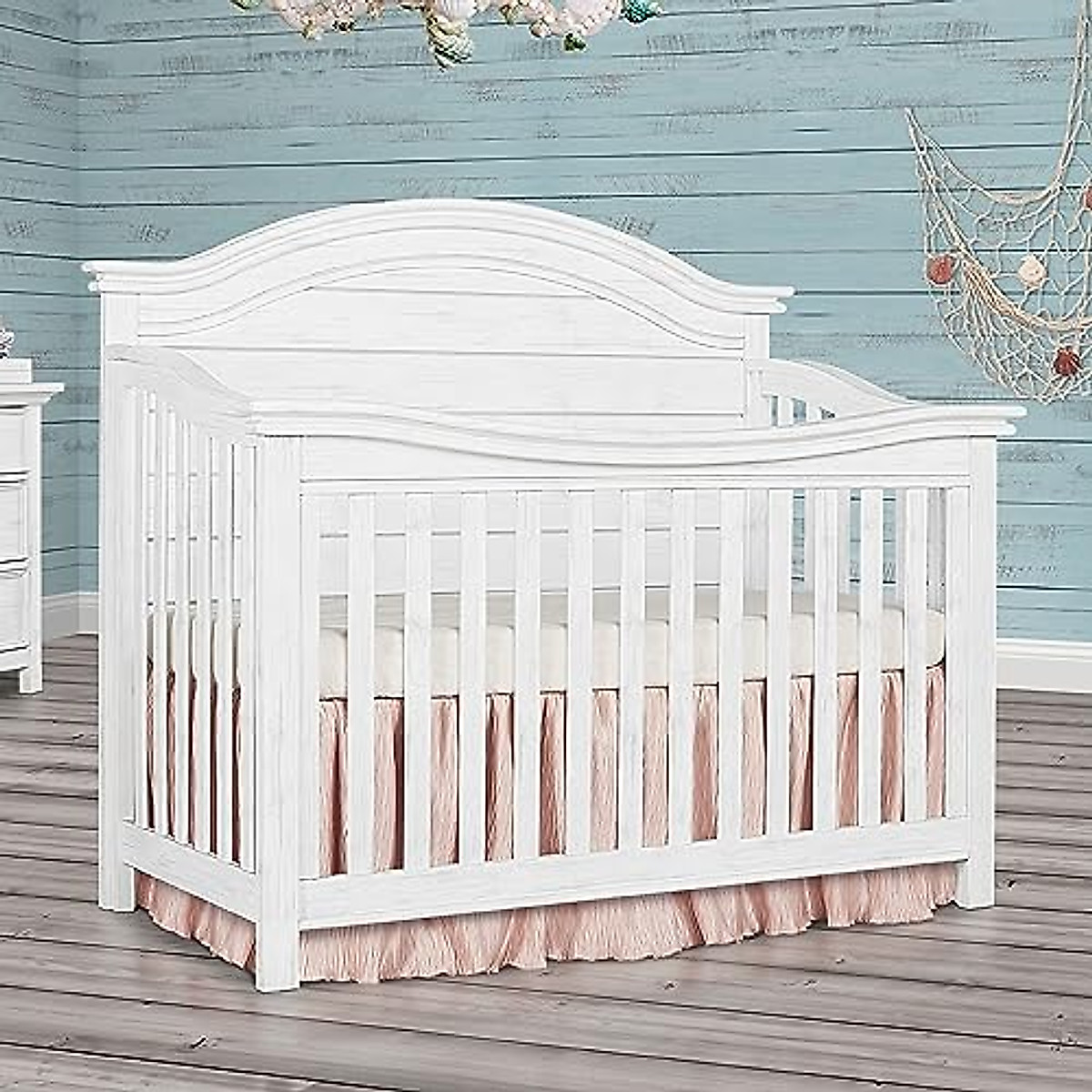 Evolur Belmar Curve 5-in-1 Convertible Crib in Weathered White, Greenguard Gold Certified, Features 3 Mattress Height Settings, Crafted from Hardwood, Wooden Nursery Furniture