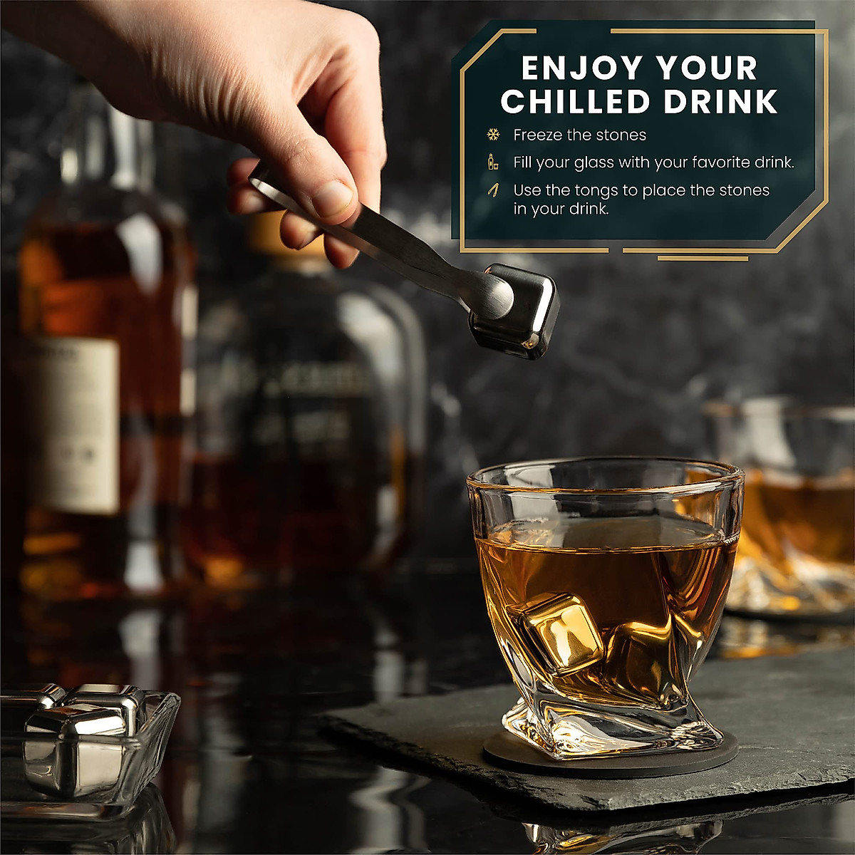 Mantello Whiskey Stones Gift Set for Men - Whiskey Glass Set of 2 with Stainless Steel Whiskey Stones - Whiskey Gifts for Men, Whisky Glasses and Whiskey Stones Rocks