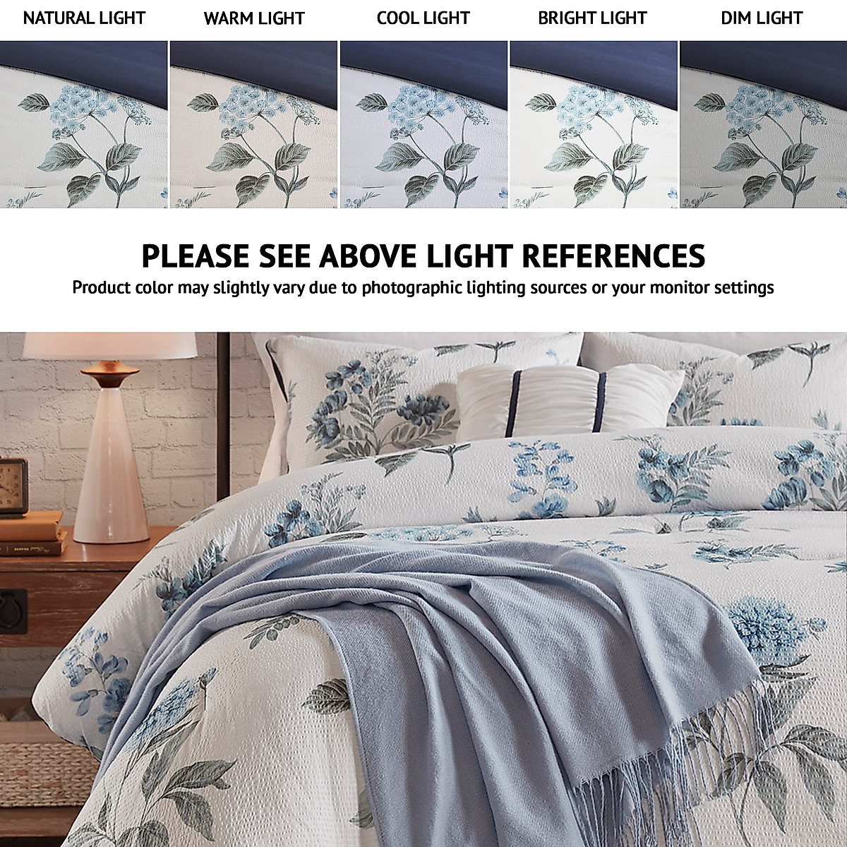 Madison Park Zennia Farmhouse Comforter Set with Throw-Blanket, Floral Print on Seersucker Textures, All Season Bedding, Matching Shams, Toss Pillows, King/Cal King(104"x92"), Blue 7 Piece