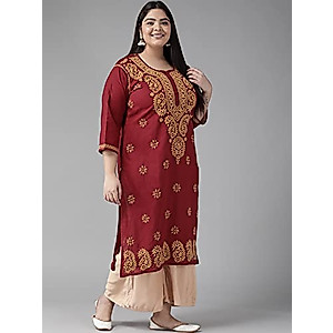 Ada Hand Embroidered Indian Traditional Chikan Women's Cotton Kurti Kurta Tunic Dress A188266 (XL, Maroon)