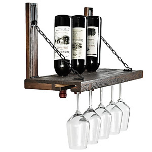 WELLAND Wall Mounted Wine Rack with Glass Holder, Floating Wine Shelf & Glass Rack Set for Home & Kitchen Decor, Rustic
