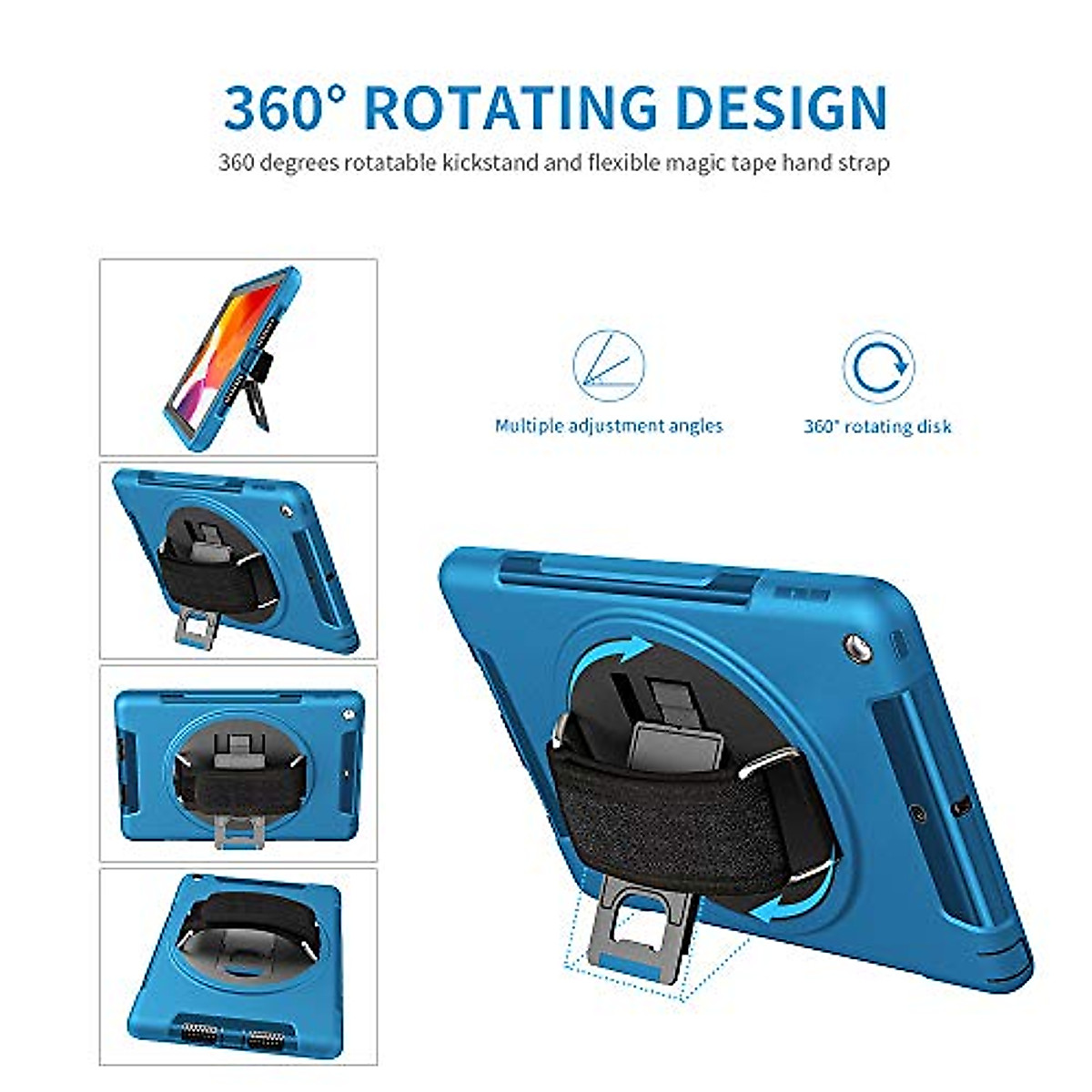 iPad Air (Air 1) Case Heavy Duty 9.7 with Screen Protector - Hand Strap,Shoulder Strap, Hardback, 360 Rotatable Kickstand, Shockproof - A1474 A1475 MD785LL/A (Blue)