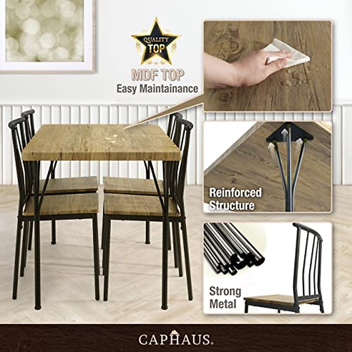 CAPHAUS 5 Pieces Dining Table & Chairs Set for 4, Space-Saving Rectangle Table w/Four Chairs for Kitchen, Dining Room, Breakfast Nook, Dinette, Modern Design Set, Brown Oak