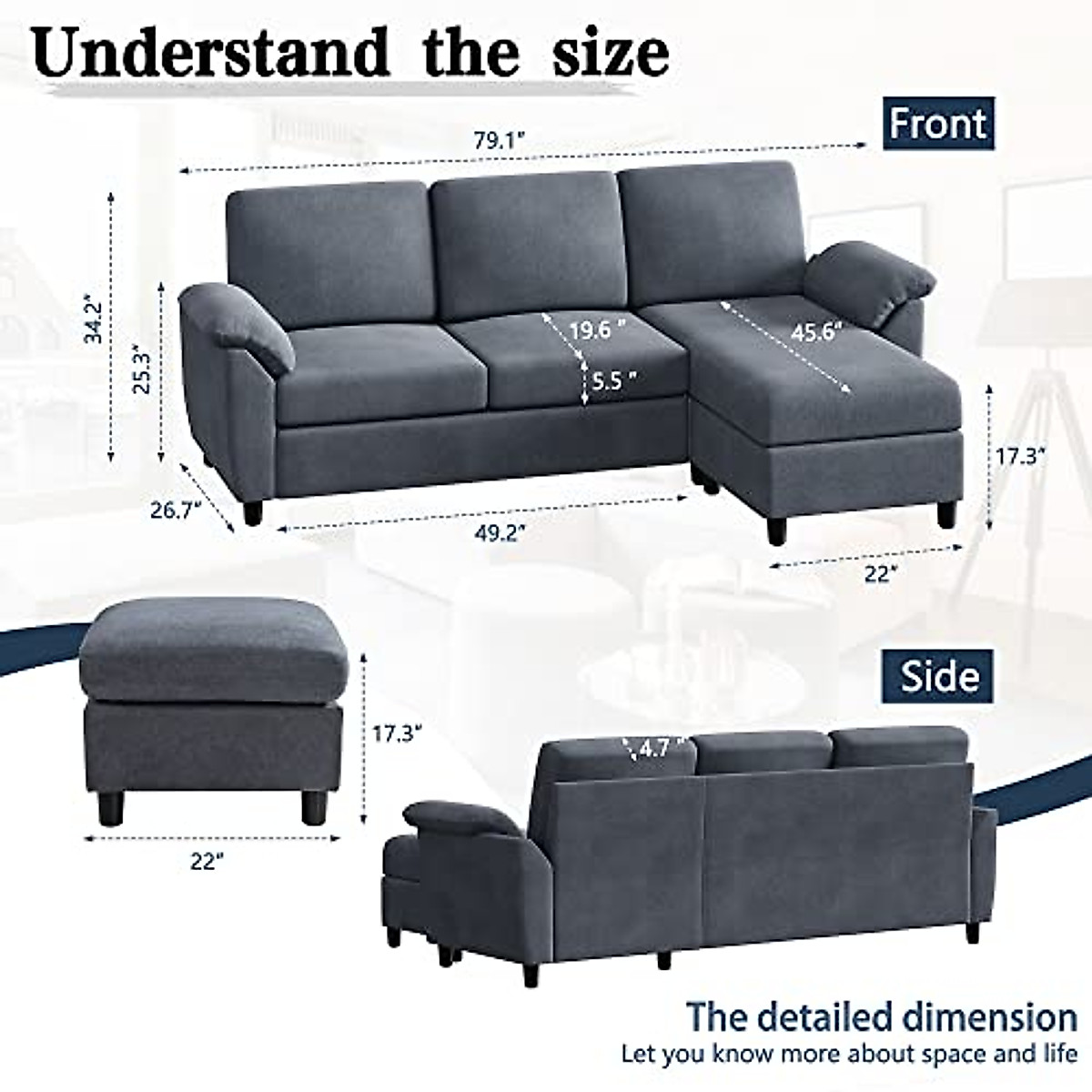 Meilocar 79” Modern Sectional Sofa Couch, Convertible L Shaped Couch with Reversible Ottoman, 3-Seat Sofa Sectional with Removable Armrest for Living Room, Apartment, Small Space, Blue Grey