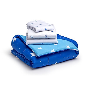 Delta Children 4 Piece Toddler Bedding Set for Boys - Reversible 2-in-1 Comforter - Includes Fitted Comforter to Keep Little Ones Snug, Bottom Sheet, Top Sheet, Pillow Case - Blue Stars