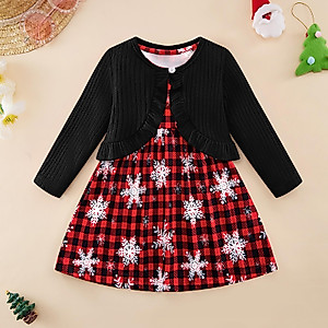 Baby Girl Holiday Dress Outfit Christmas Clothes Set Toddler Christmas Print Plaid Tank Dress and Red Ruffle Cardigan 4-5 Years