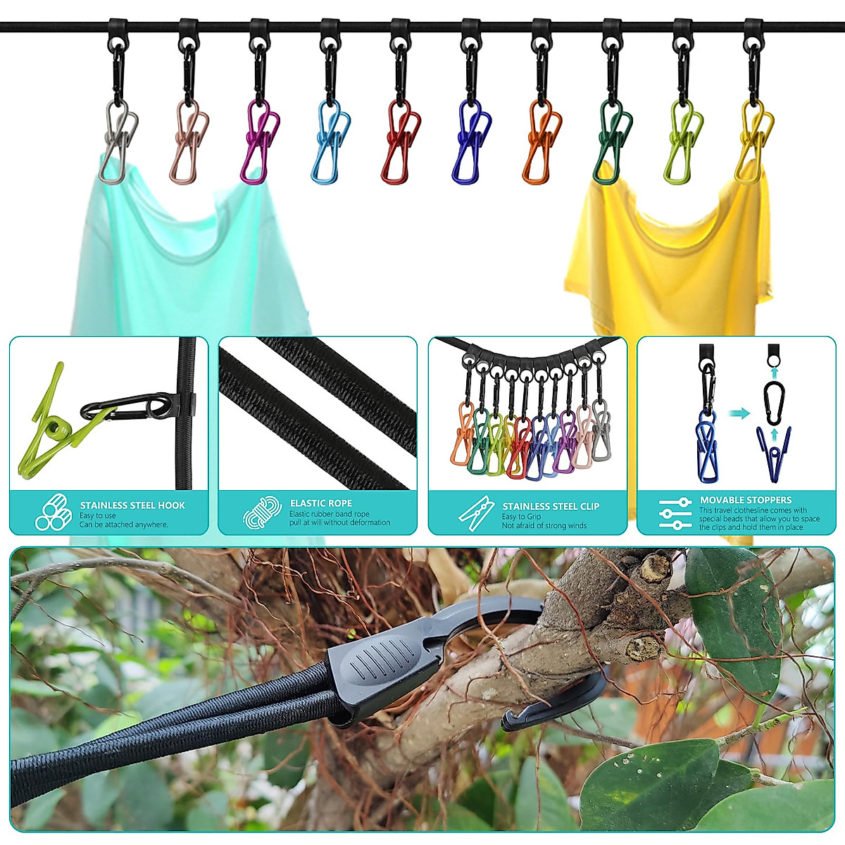 Retractable Car Carrying Camping Drying Portable Clothesline, 10 Clothespins, Home Use Hole-Free Clothesline for Traveling, Car Carrying, Outdoor Camping