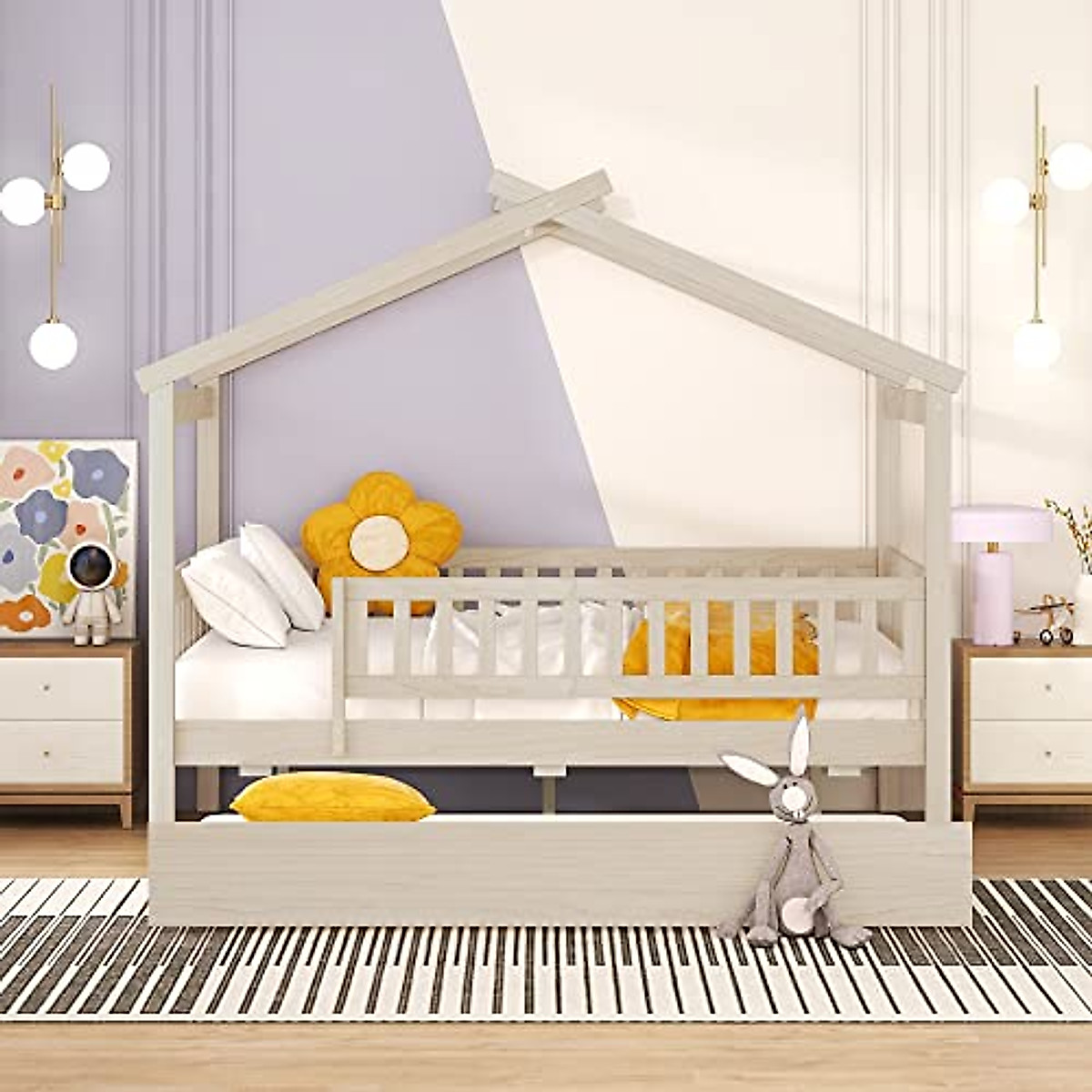 DEINPPA Full House Bed with Trundle, Kids Bed with Fence Guardrails, Wood Bed Frame, Decorative Roof Designs, No Box Spring Needed, for Boys Girls Toddler Kids-Natural