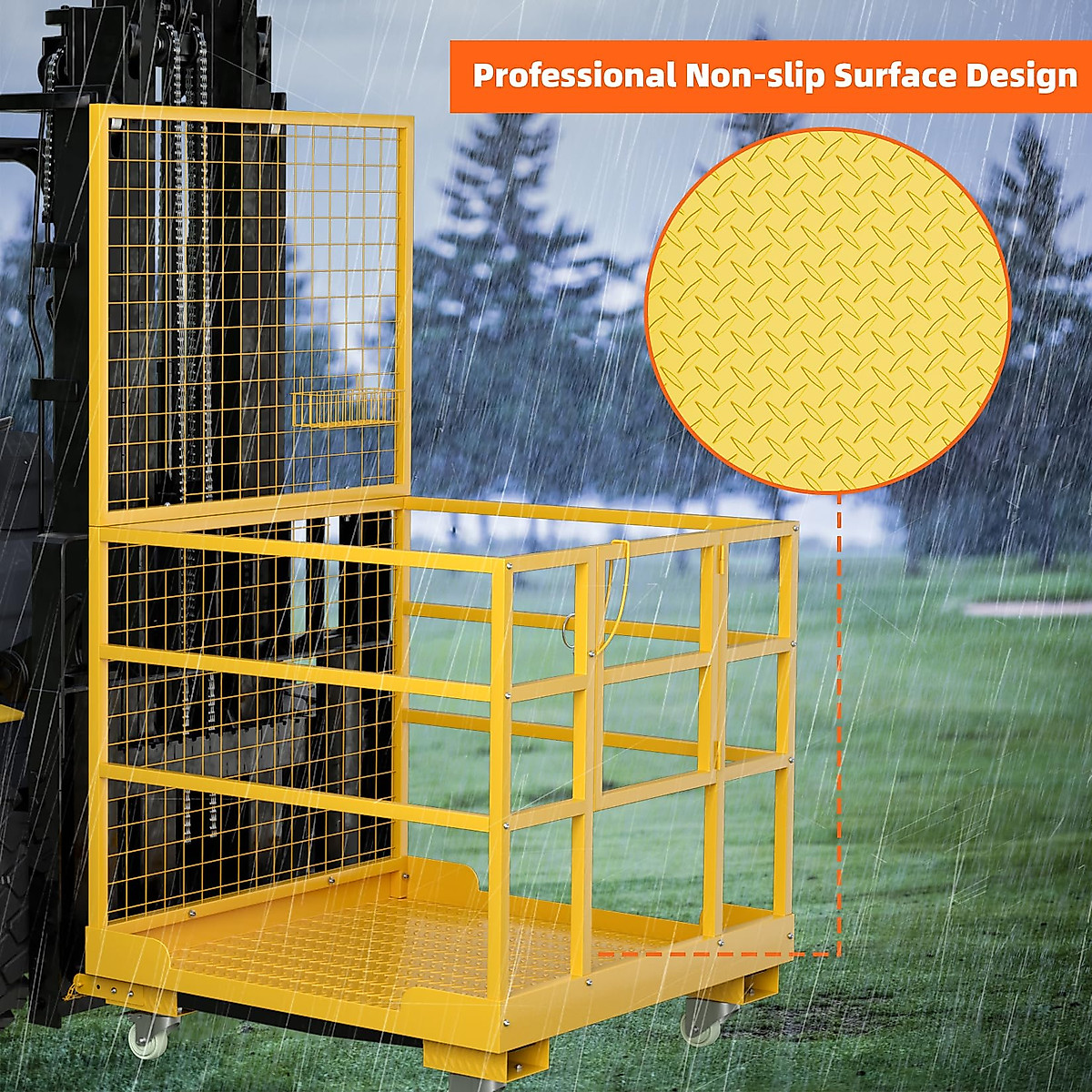 Forklift Safety Cage, 43"x45" Forklift Man Basket, 1400lbs Capacity Forklift Work Platform with Safety Harness&Lock, Drain Hole&Wheels, Collapsible Lift Basket Aerial Platform for Lifting Loader