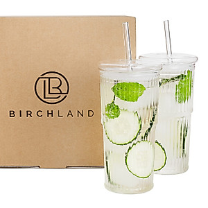 Birchland All Glass Iced Coffee Cup with Lid and Straw, Ribbed Glass Tumbler Set of 2 (18 oz)