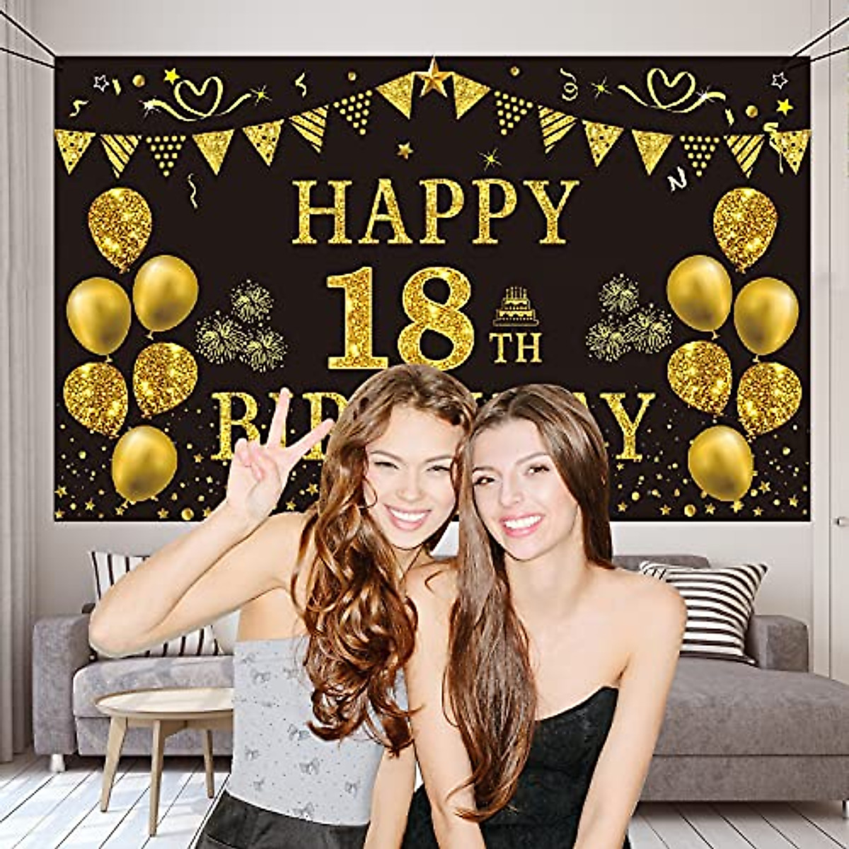 Trgowaul 18th Birthday Decorations for Men - Black Gold 18th Birthday Backdrop Banner 5.9 X 3.6 Fts Happy 18th Birthday Decorations for Boys Photography Supplies Background Birthday Party Decorations