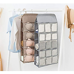 LCXEGO Dual Side Closet Hanging Organizer,3 Shelf Hanging Closet Organizer with Rotating Hanger and Mesh Pocket Bra Underwear Socks Towel Handbag Storage Oxford Bags (3+5+15Pockets,Beige)