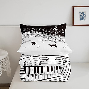 Homewish Piano Comforter Set Queen Size Black Musical Notes Bedding Set 3pcs for Kids Teens Girls Music Lover Room Decor Cat Pet Silhouette Quilt Set White Microfiber Duvet Insert,2 Pillowcases