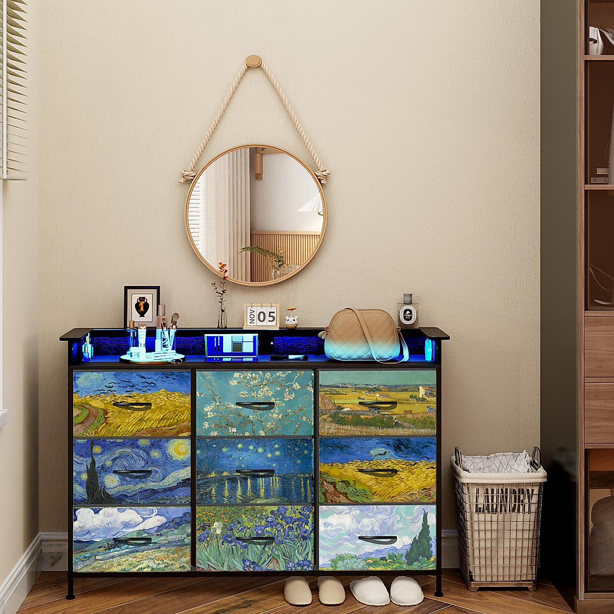 Welfuturer Dresser for Bedroom with 9 Drawers Van Gogh Dressers & Chest of Drawers Fabric Clothes Drawer Fabric Closet Organizer for Living Room Entryway Closet Nursery Sturdy Steel Frame Wood Top