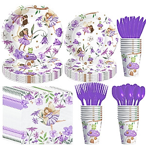 Xenorik Fairy Party Decorations Tableware - Purple Fairy Birthday Party Supplies, Paper Plate, Cup, Napkin, Cutlery, Flower Fairies Princess Enchanted Forest Garden Baby Shower Decorations | Serve 24