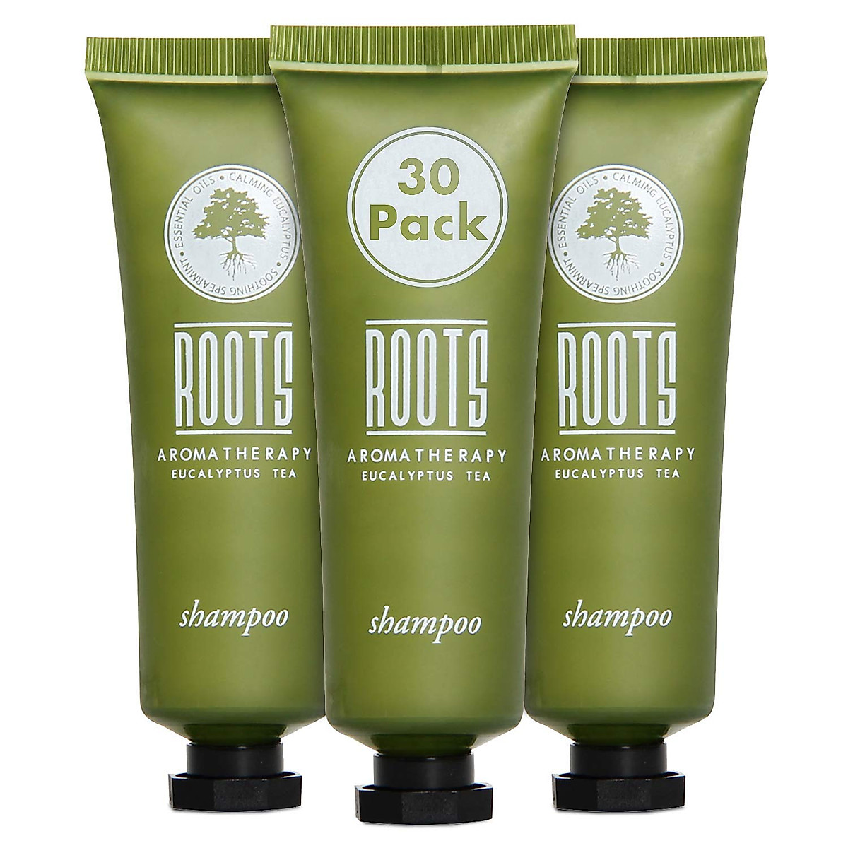 ROOTS AROMATHERAPY Shampoo 1floz/30mL Travel Size Hotel Bulk Pack (Eucalyptus Tea fragrance) Toiletries for Bathroom, Guests, Hotels, Motels, and Lodging (30 pack)
