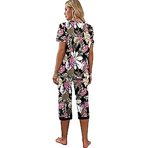 PrinStory Women's Pajama Set Short Sleeve Shirt and Capri Pants Sleepwear Pjs Sets with Pockets FP-Big Leaf Pink-Large