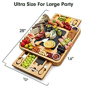Easoger Large Charcuterie Board (28"×13"×1.6") with 2 Drawers, Bamboo Cheese Board with Knife Set, 2 Ceramic Bowls, Cutting Protection Natural Slate and Non-slip Feet, ideal for Housewarming Gift