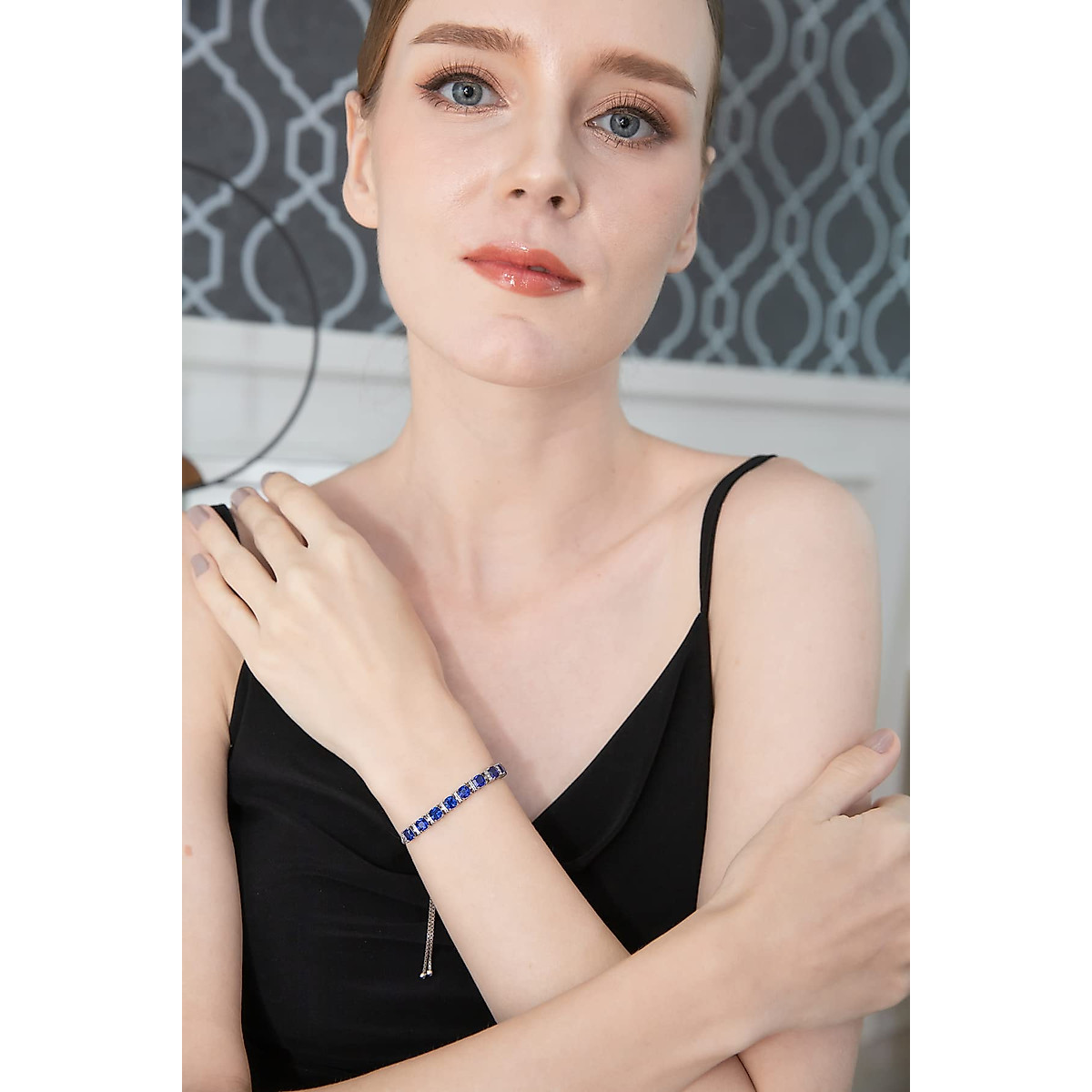 B. BRILLIANT Sterling Silver Created Blue Sapphire & White Topaz Cushion-Cut Adjustable Tennis Style Bolo Bracelet for Women