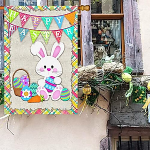 Surfapans Happy Easter Bunny House Flag 28x40 Inch Double Sided Outside Burlap Easter Rabbit Eggs Outdoor Large Yard Flags Porch Home Holiday Decoration