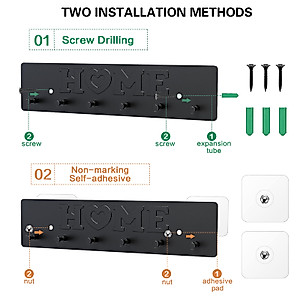 Key Holder Wall Mount, Metal Key Hooks for Wall, Key Hanger with 6 Hooks Keys Rack Organizer Self Adhesive Home Decor for Entryway Front Door Hallway Office, 9.6inch, Matt Black