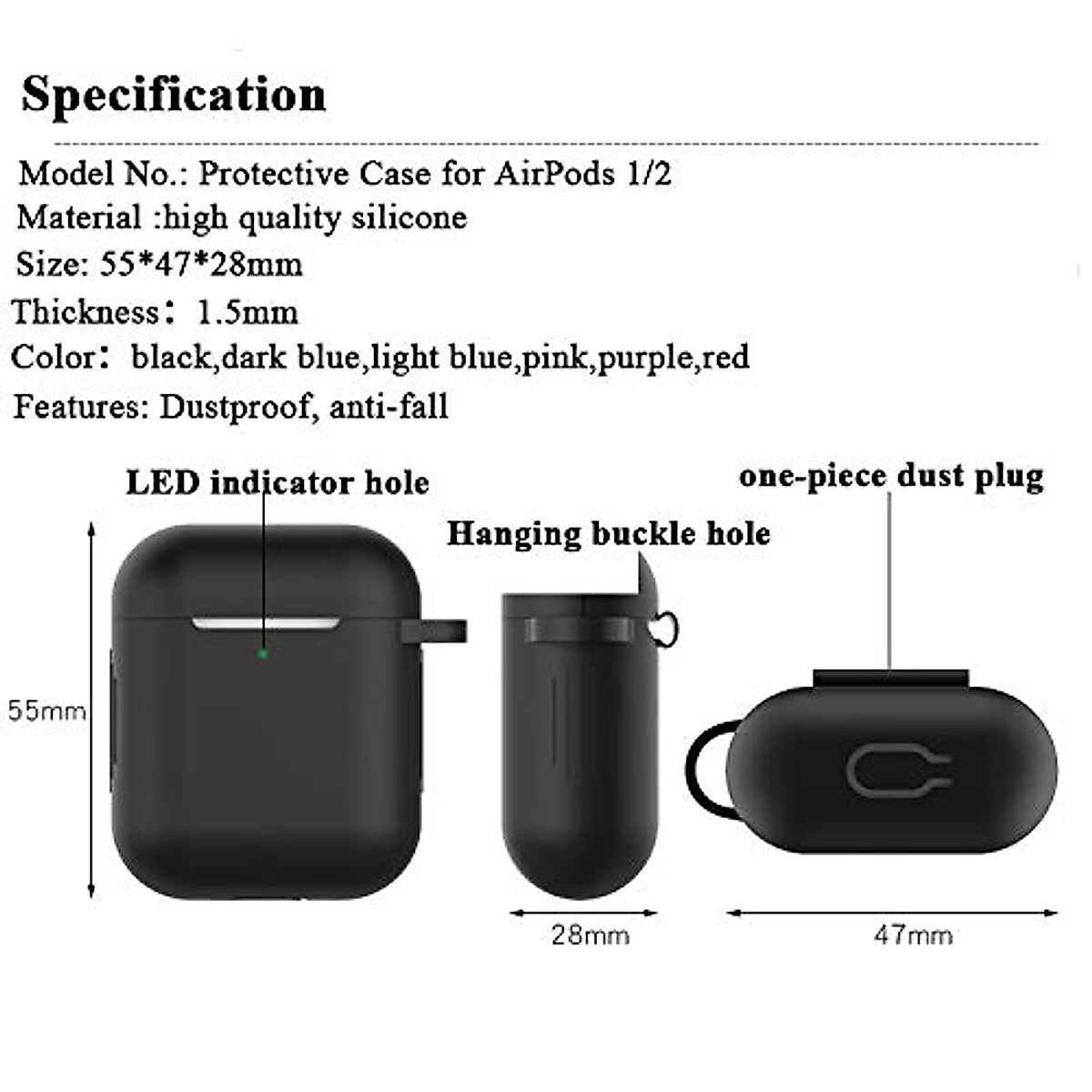 NeotrixQI AirPods Case, Silicone Protective Cover Compatible with Apple AirPods 1/2 Shock Resistant Waterproof AirPods Cover with Carabiner Anti-Lost Strap Front LED Indicator Visible(Black)