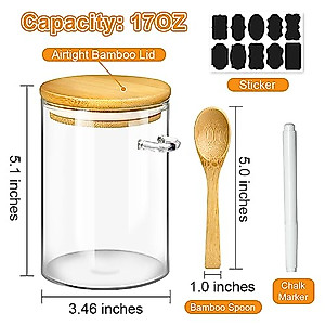 Yomarket 4 Pack Airtight Glass Jars with Bamboo Lid and Spoons 17 Oz Food Storage Container with Labels, Overnight Oats Containers with Lids for Flour, Sugar, Tea, Cookies, Candy, Cereal, Coffee