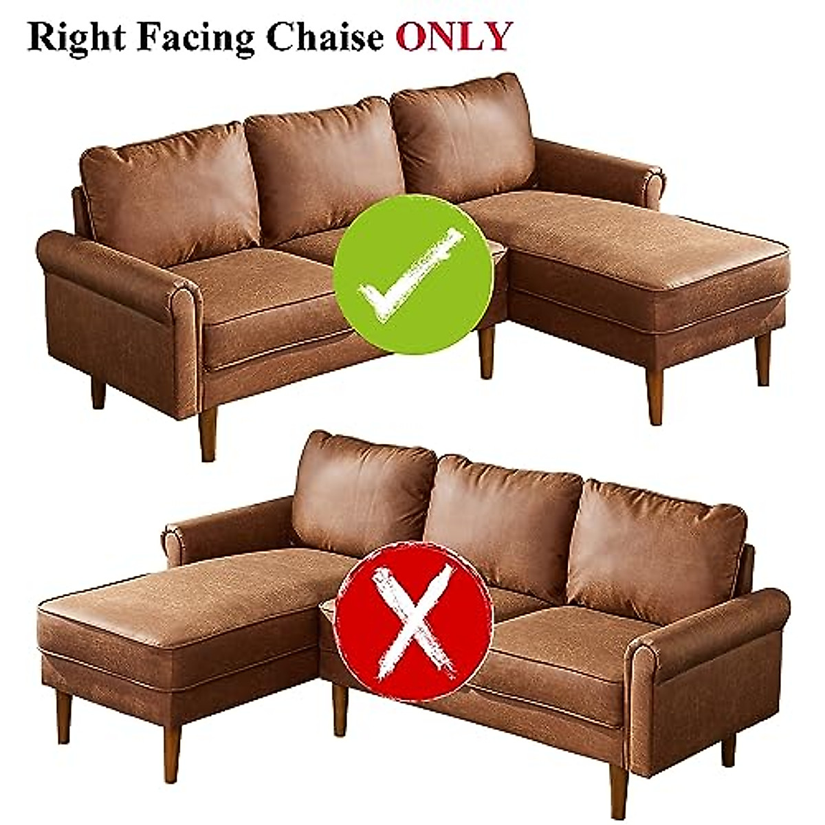 HOOOWOOO 81.51" L Shaped Couch Mid Century Modern Sectional Couch Brown Faux Leather Sofa with Right Chaise 3-Seater Rolled Arms Solid Wood Frame for Living Room Apartment
