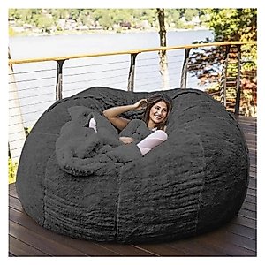 Giant Fur Bean Bag Chair Cover for Kids Adults, (No Filler) Living Room Furniture Big Round Soft Fluffy Faux Fur Beanbag Lazy Sofa Bed Cover (Dark Grey, 6FT)
