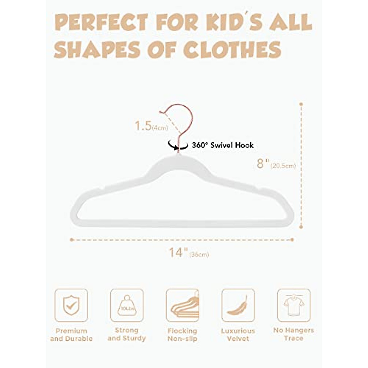 Smartor Kids Velvet Hangers 50 Pack, 14'' Inch Premium Non Slip Kids Felt Hangers for Closet, Space Saving Toddler Clothes Hanger for Youth's Childrens' Clothes Shirts, Pants, Dresses - White