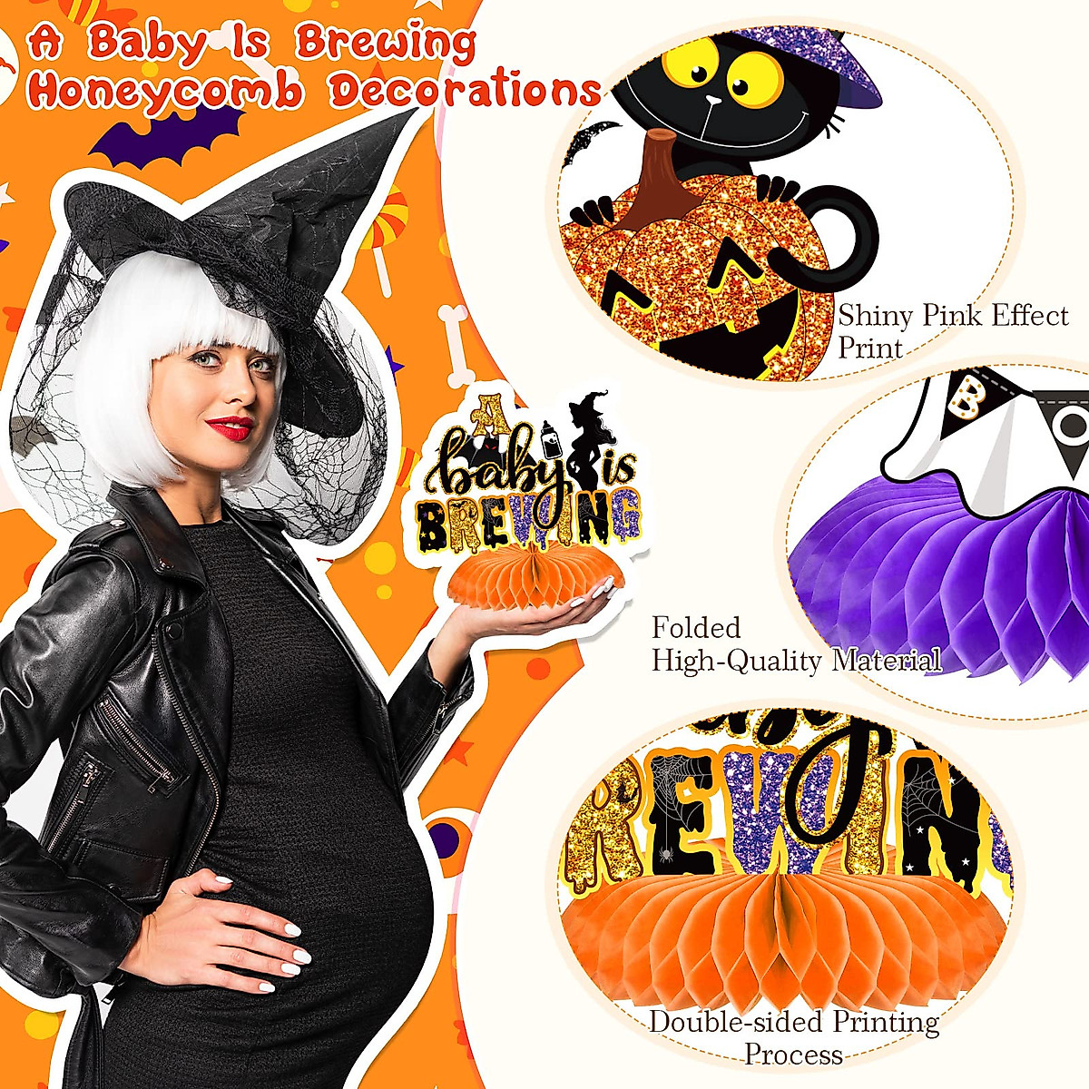 12 Pieces Halloween Baby Shower Decorations Halloween a Baby is Brewing Honeycomb Centerpieces a Baby is Brewing Table Centerpieces for Halloween Gender Reveal Party Favor Supplies (Purple, Black)