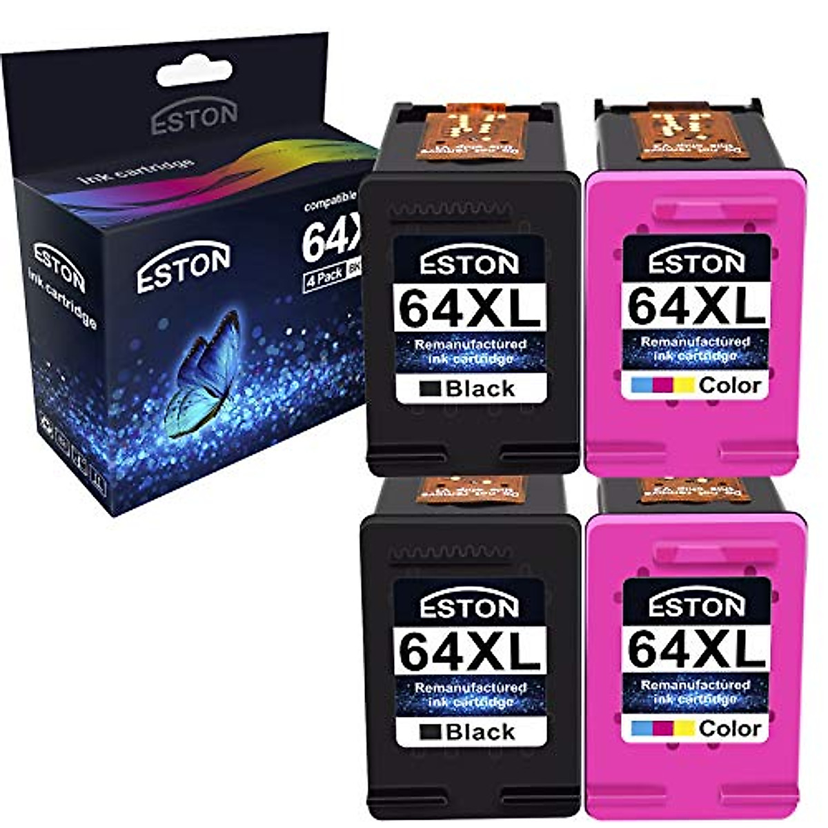ESTON 64XL Remanufactured Replacements for HP 64XL 64 XL Black & Tri-Color Ink Cartridges, 4 Pack (N9J91AN N9J92AN) for HP Envy Photo 6252 6255 6258 7155 7158 7164 7855