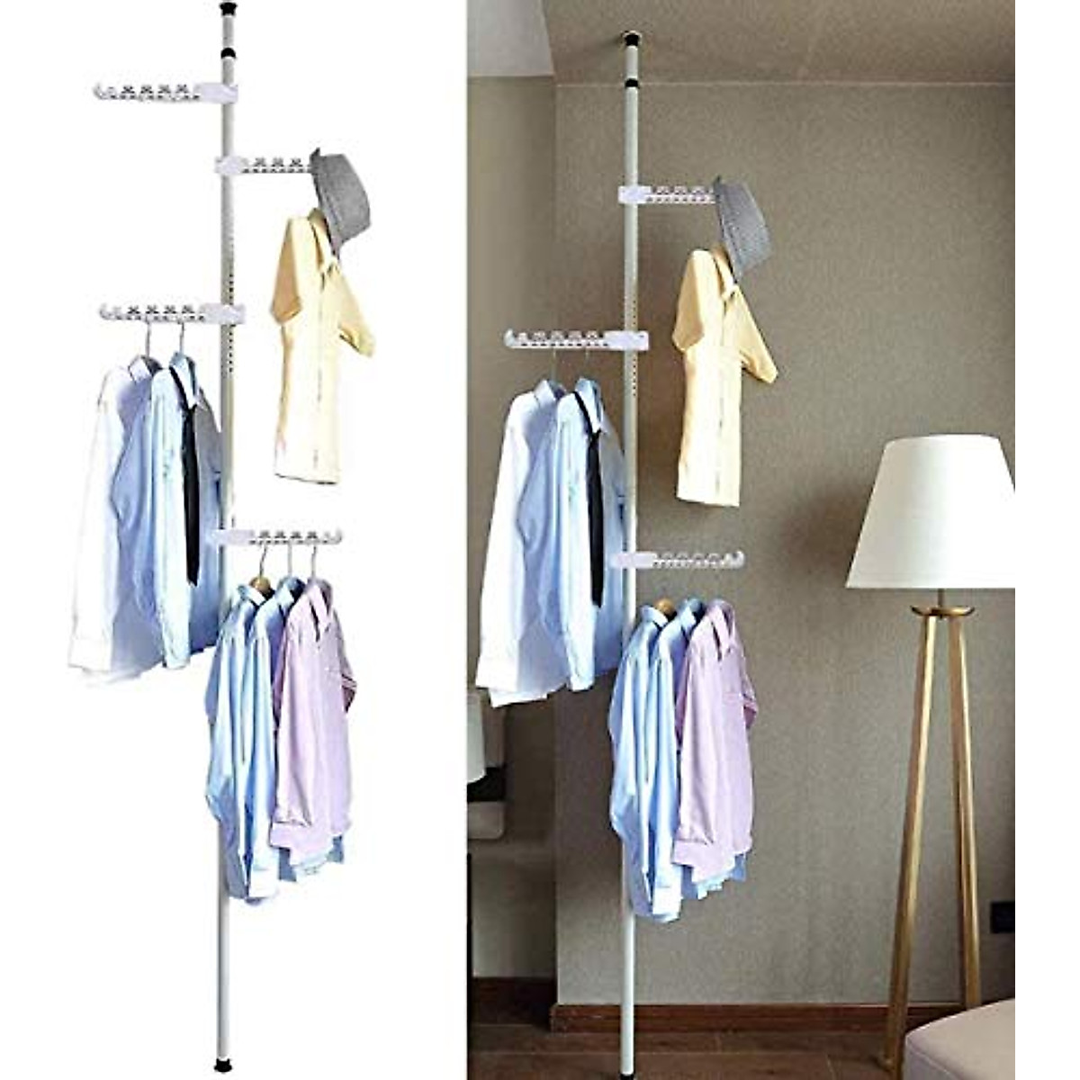 HagieNu 4-Tier Standing Clothes Laundry Drying Rack Grament Coat Hanger Organizer Floor to Ceiling Adjustable Corner Tension Pole Spce Saver- Ivory