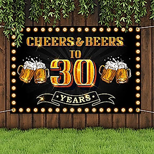 Cheers and Beers to 30 years Banner Backdrop Happy 30th Birthday Background for Men Women Photography Bday Anniversary Party Sign Decorations Supplies Black and Gold