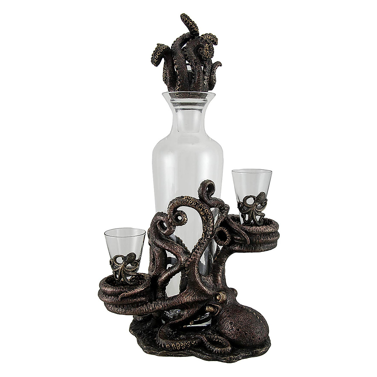 Octopus Spirit Decorative Antique Bronze Finish Statue and Glass Decanter Set