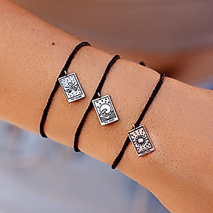 Pura Vida Bracelet Silver Sun Tarot Charm Bracelet - Adjustable Bracelet with Waterproof Band, String Bracelet for Women - Stackable Bracelets for Teen Girls, Handmade Bracelets for Teens - Black