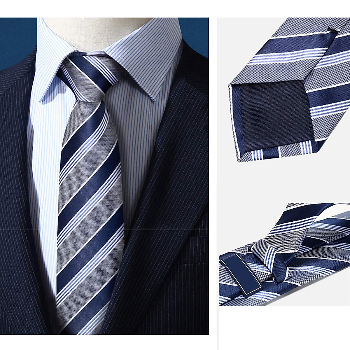 Manoble Fashion Men's Ties Formal Business 3.15'' Ties for Men Dark Light Blue Gray Striped Neckties + Gift Box